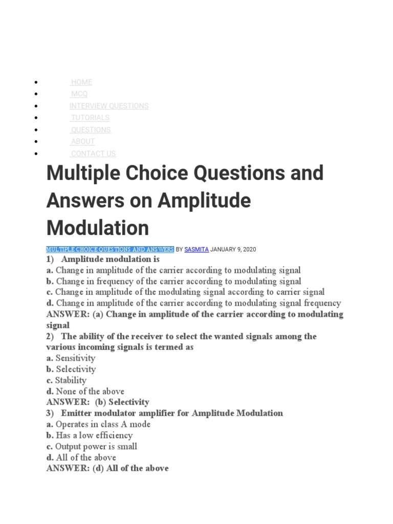 Multiple Choice Questions and Answers On Amplitude Modulation | PDF ... Multiple Choice Questions and Answers On Amplitude Modulation | PDF ...