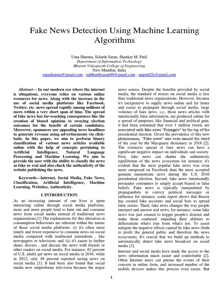 Fake News Detection Using Machine Learning Algorithms | PDF | Statistical Classification | Cross ...