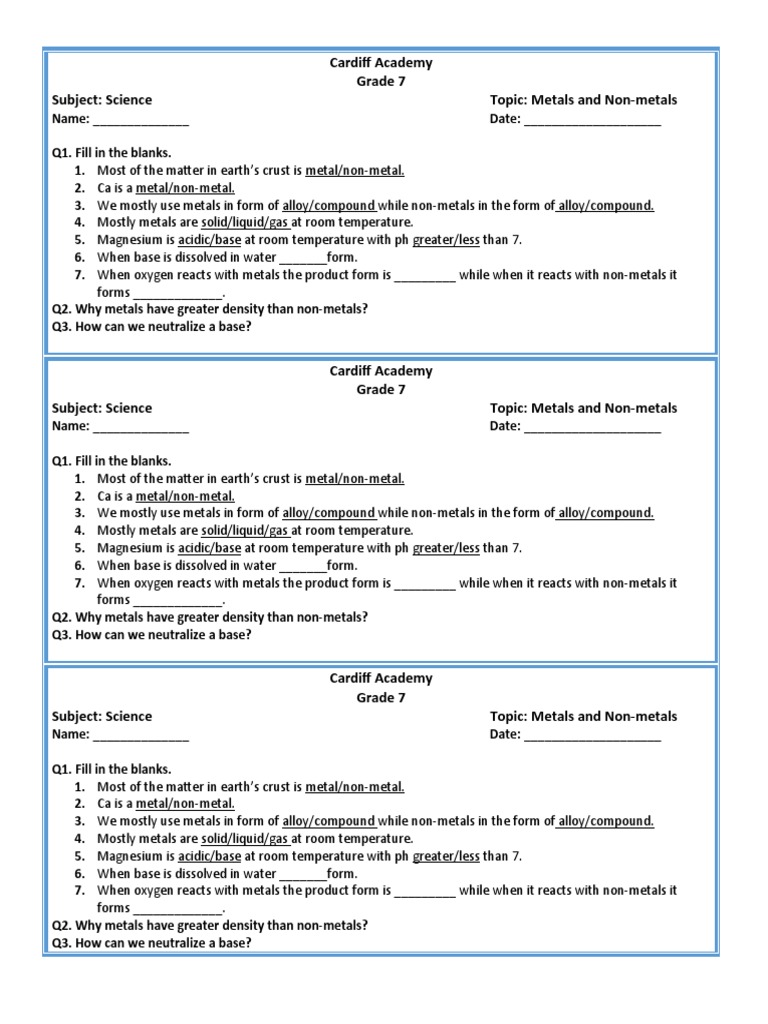 Metals and Non-metals Worksheet Grade 7 | PDF | Metals | Calcium