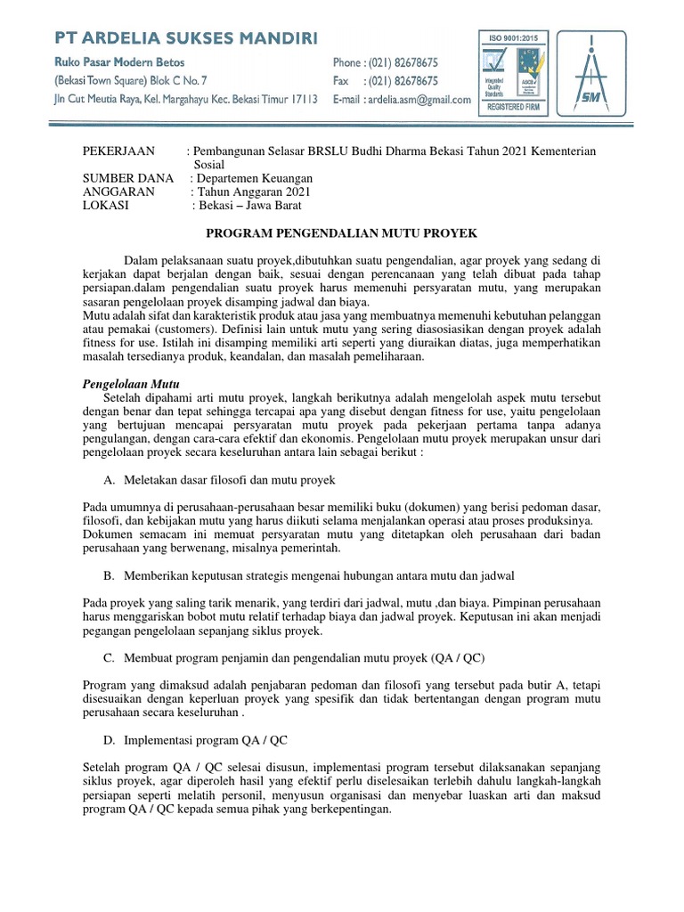 PROGRAM MANAJEMEN MUTU-Budi Dharma - Ardelia | PDF