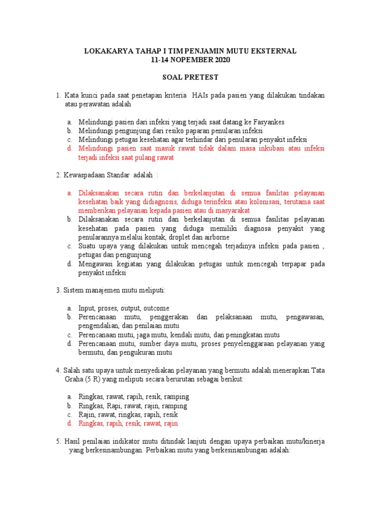 Soal Dan Jawaban Pretest Lokakarya Tahap I Tim Penjamin Mutu Eksternal ...