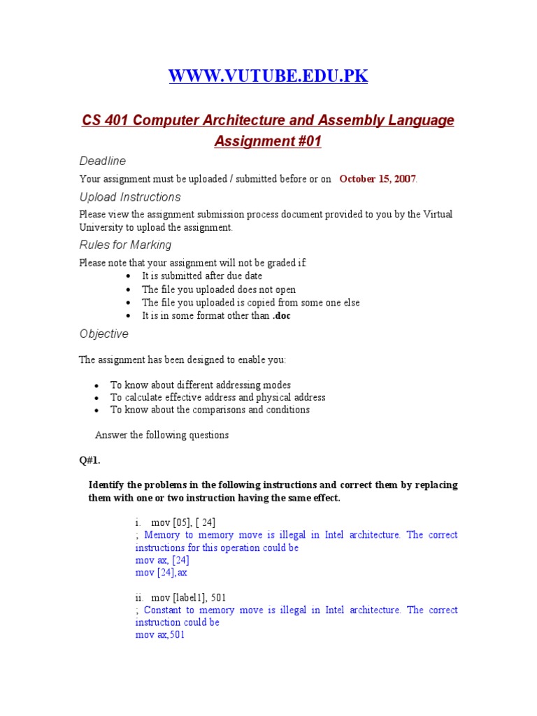 Computer Architecture and Assembly Language Programming - CS401 Fall 2007 Assignment 01 Solution ...