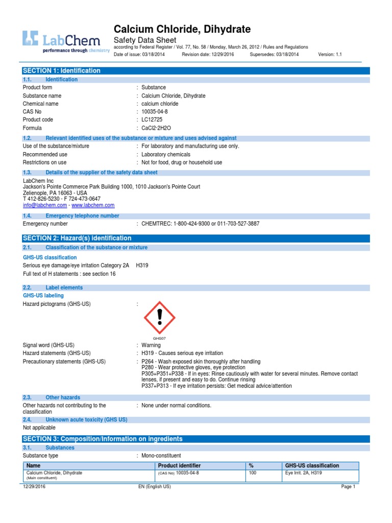 Calcium Chloride, Dihydrate: Safety Data Sheet | PDF | Firefighting ...