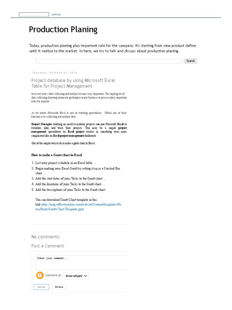 Production Planing - Project Database by Using Microsoft Excel Table ...