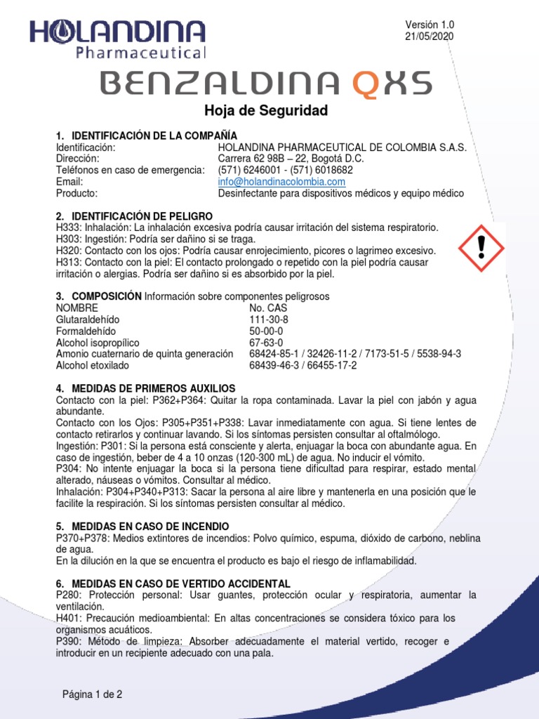 MSDS Benzaldina QXS 05 2020 | PDF | Amoníaco | Agua