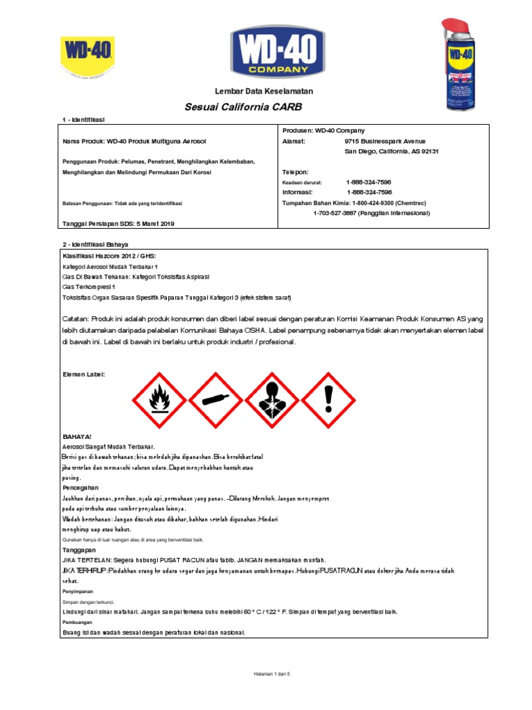 WD 40 Multi Use Product Aerosol Low Voc Sds Us Ghs - En.id | PDF