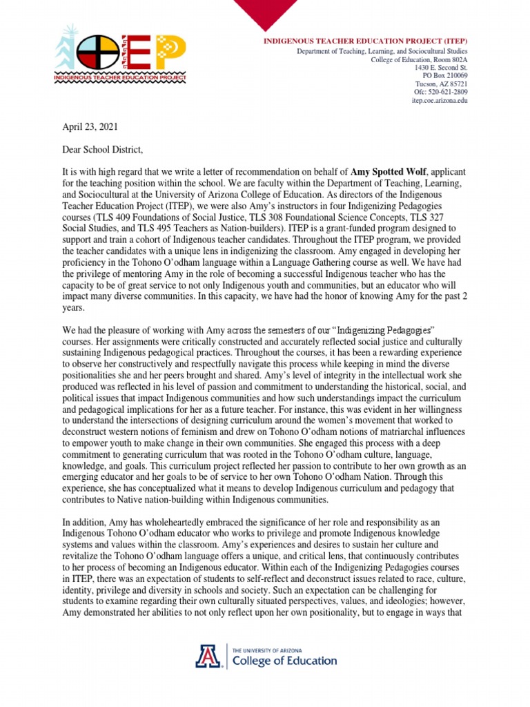 Letter of Recommendation Amy Spotted Wolf | PDF | Pedagogy | Teachers