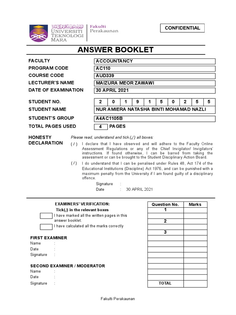AUD339 TEST Front Page Answers | PDF