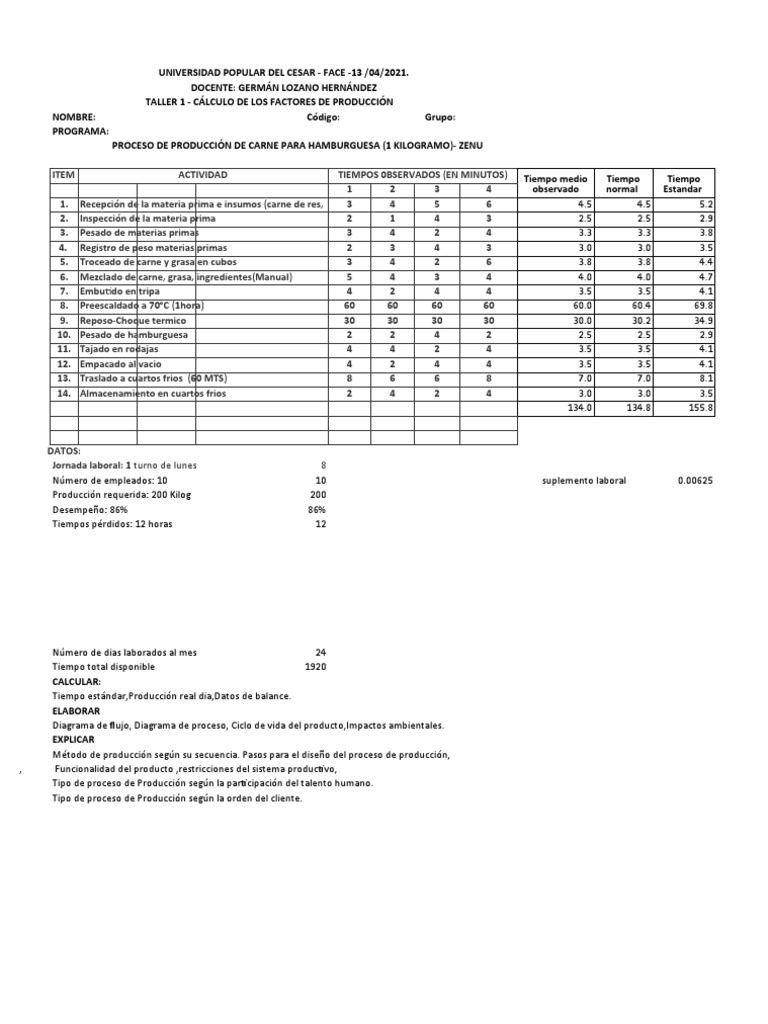 Taller 1 Cálculo De Los Factores De Producción Pdf Naturaleza