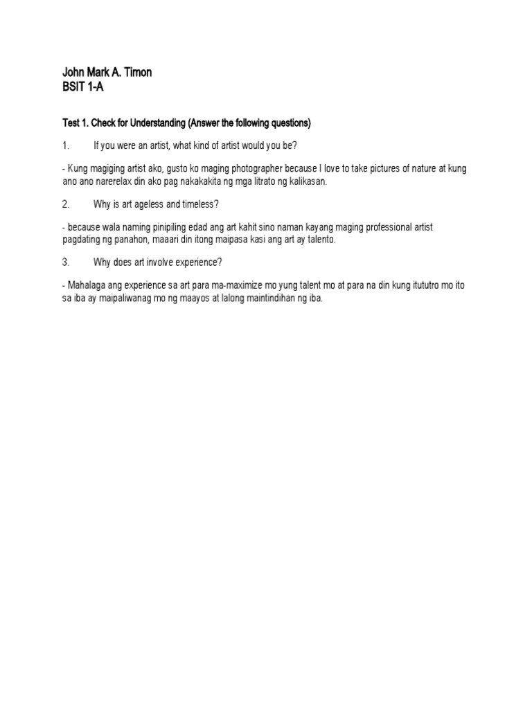 John Mark A. Timon Bsit 1-A | PDF | Art | Self-Improvement