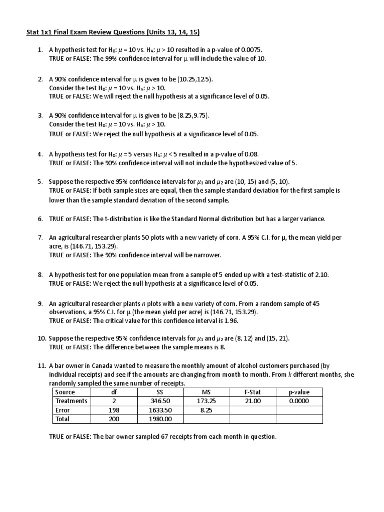 Stat 1x1 Final Exam Review Questions (Units 13, 14, 15) | PDF ...