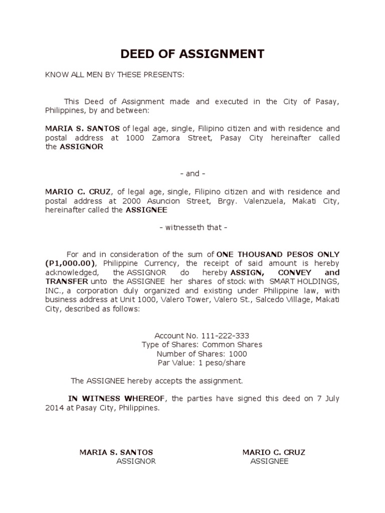 Deed of Assignment | PDF | Assignment (Law) | Civil Law (Legal System)