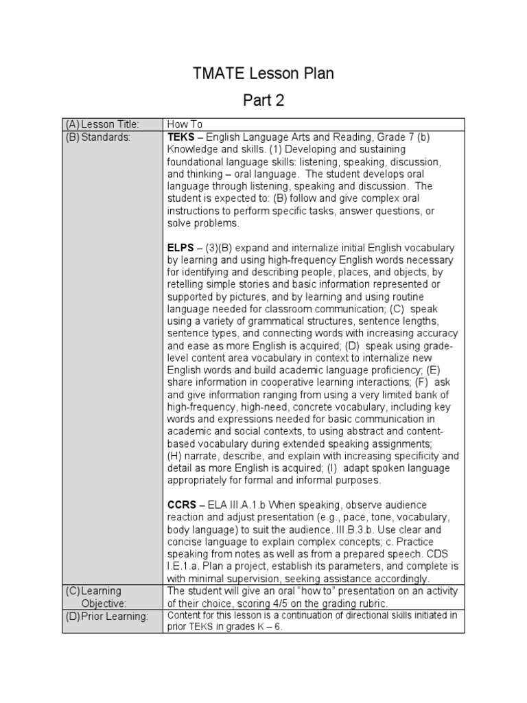TMATE Lesson Plan: TEKS - English Language Arts and Reading, Grade 7 (B ...