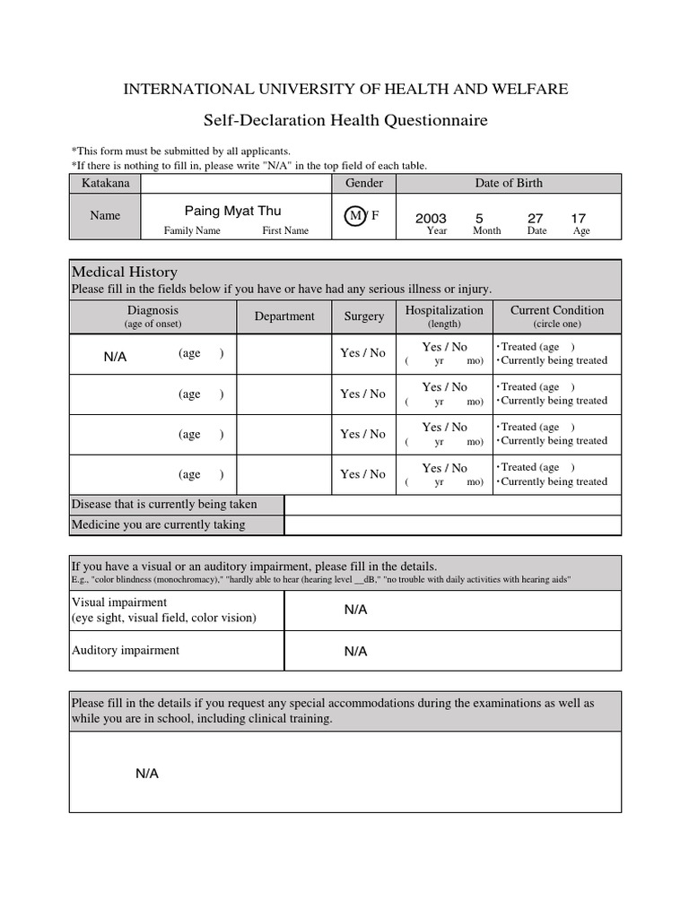 Health Questionnaire | PDF | Visual Impairment | Diseases And Disorders