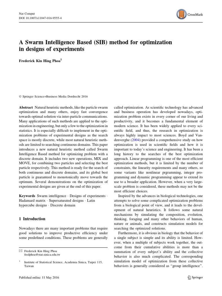 A Swarm Intelligence Based (SIB) Method For Optimization in Designs of Experiments | PDF ...
