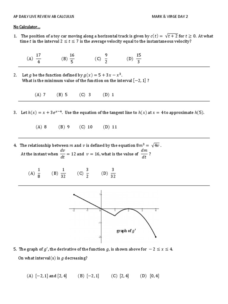 Ap Daily Live Review Ab Calculus Mark & Virge Day 2 No Calculator | PDF ...