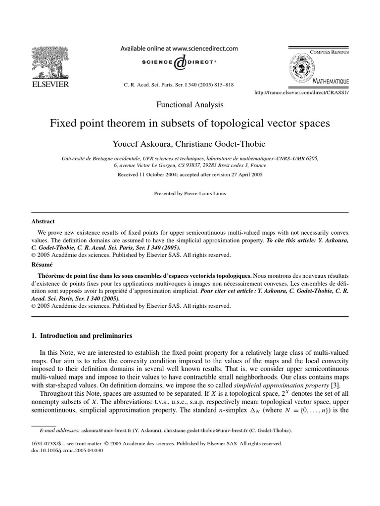 Fixed Point Theorem in Subsets of Topological Vector Spaces: Youcef Askoura, Christiane Godet ...