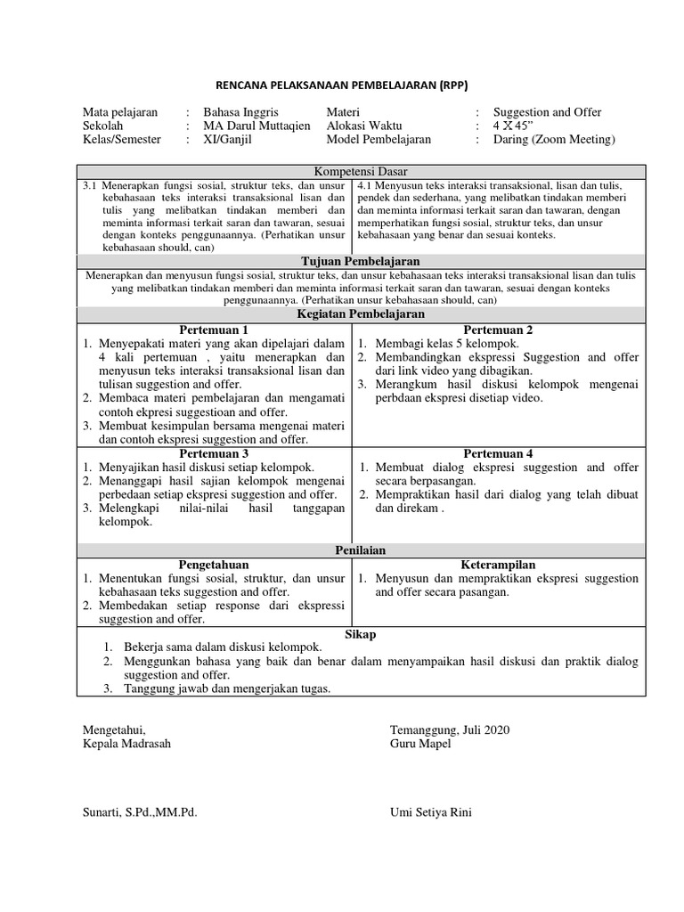 Contoh RPP Suggestion | PDF | Seni & Disiplin Bahasa