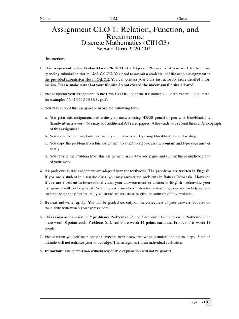 Assignment Clo 1 Relation Function And Recurrence Discrete Mathematics Cii1g3 Pdf