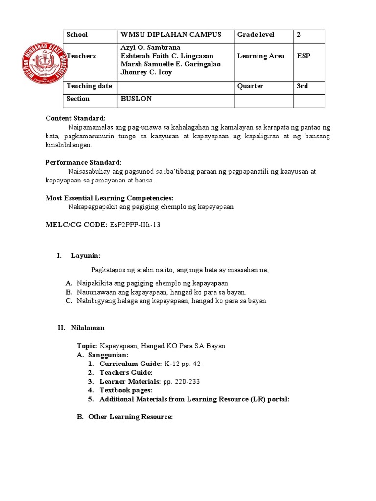 Esp 2 Lesson Plan | PDF
