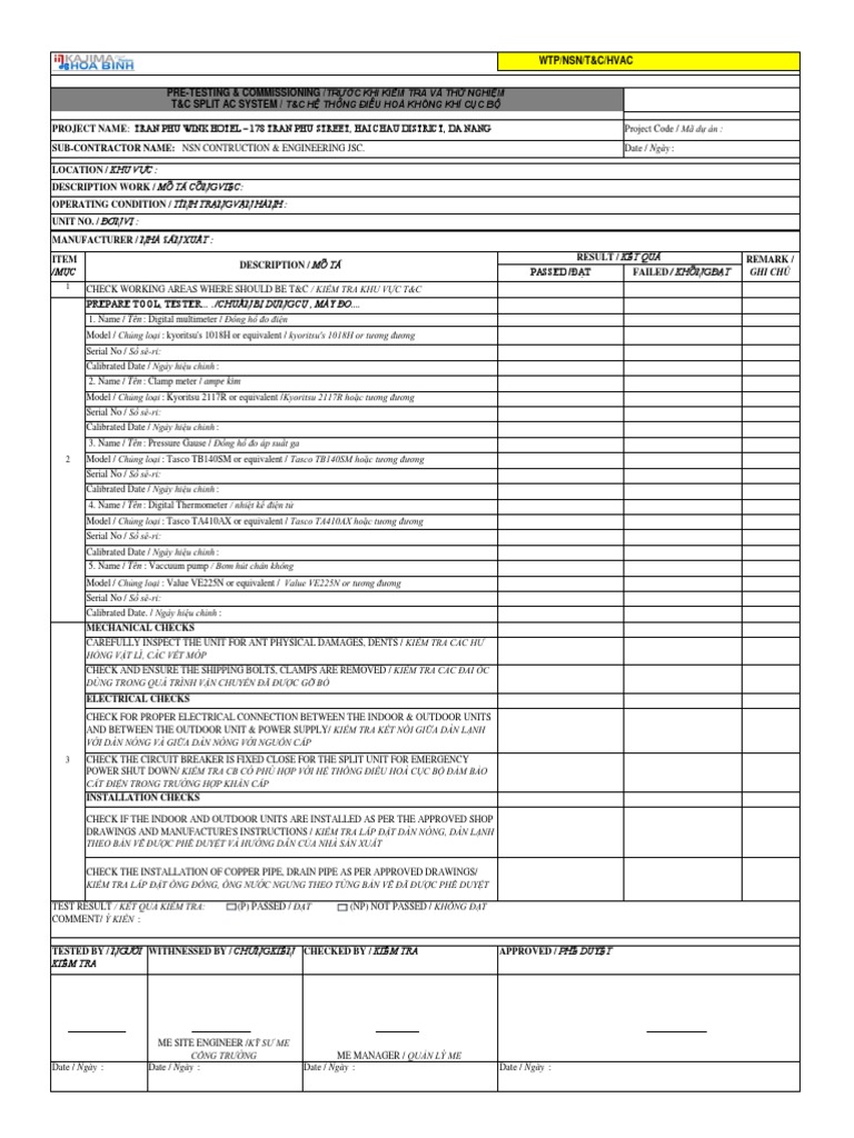 Pre Checklist Split Ac System FINAL | PDF