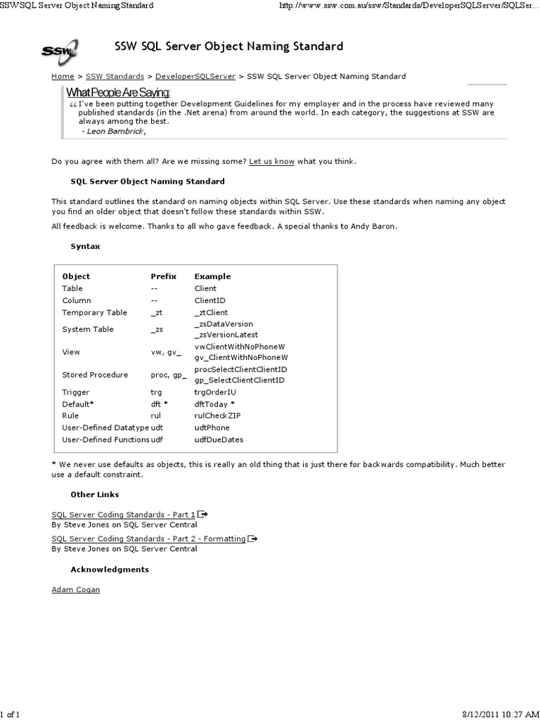 Ssw Sql Server Object Naming Standard Pdf Microsoft Sql Server Data