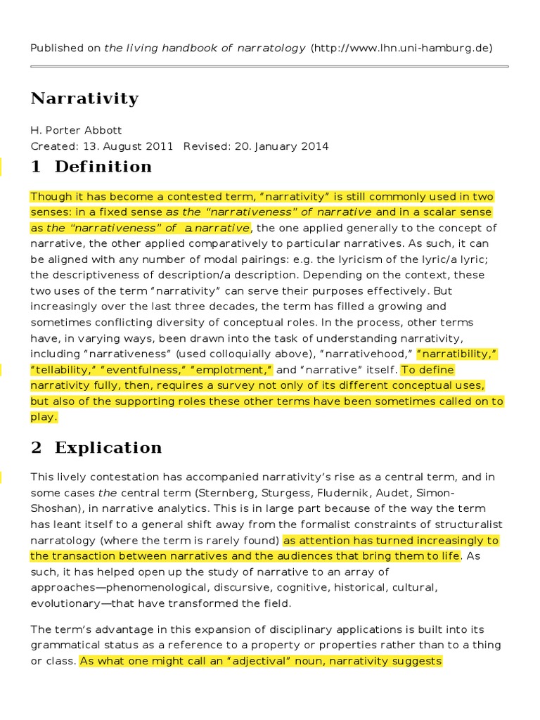 Abbott - 2014 - Narrativity The Living Handbook of Narratology | PDF ...