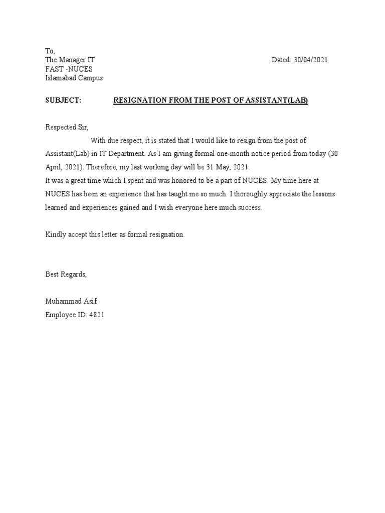 Resignation Letter from Assistant Lab | PDF | Career & Growth