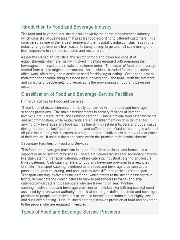 Introduction To Food And Beverage Industry Pdf Restaurants