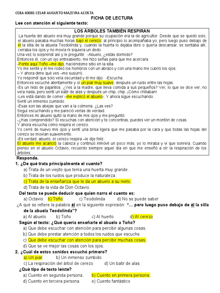 fICHA DE LECTURA 04 LOS ARBOLES TAMBIEN RESPIRAN | PDF