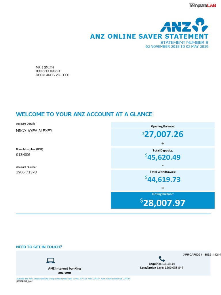 ANZ Bank Statement | PDF | Online Banking | Banks & Banking