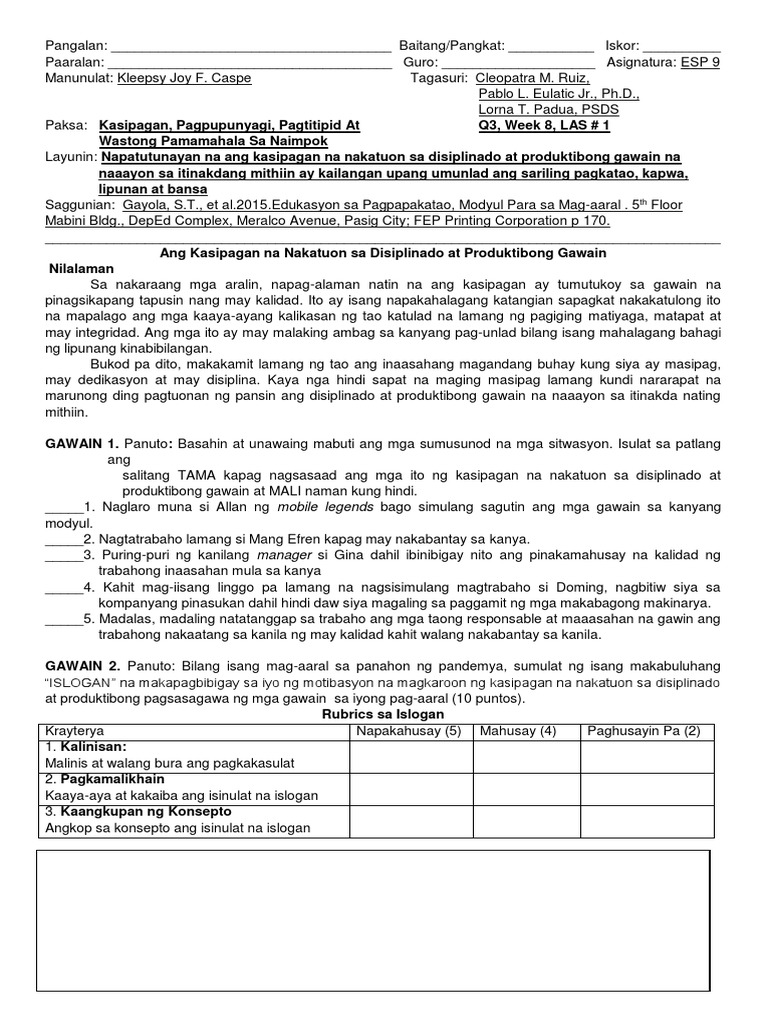 Esp 9 Quarter 3 Week 8 Las 1 | PDF