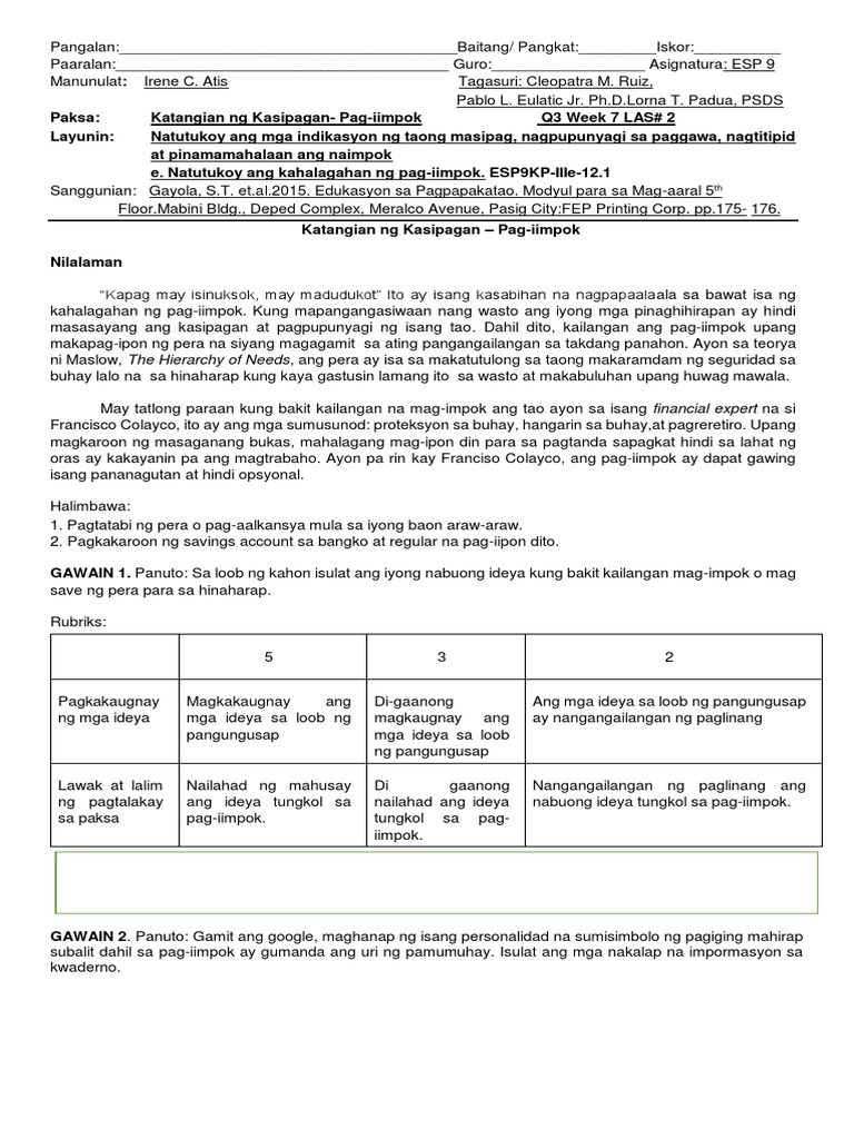 Esp 9 Quarter 3 Week 7 Las 2 | PDF
