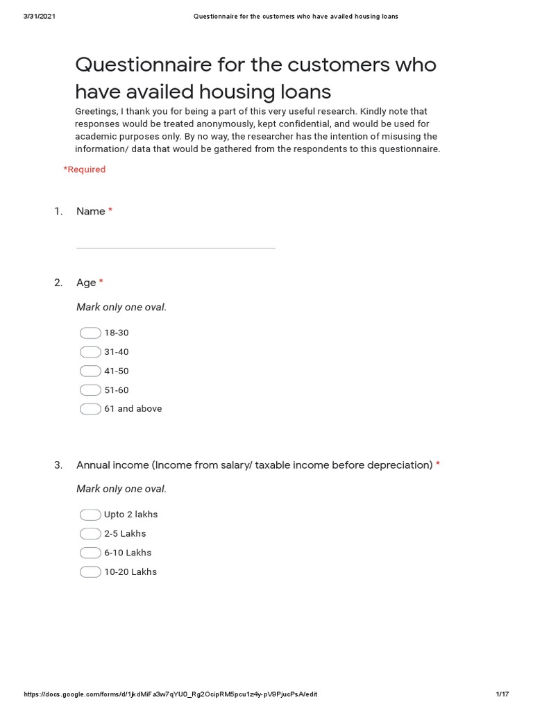 Questionnaire For The Customers of Housing Loans - Google Forms | PDF ...