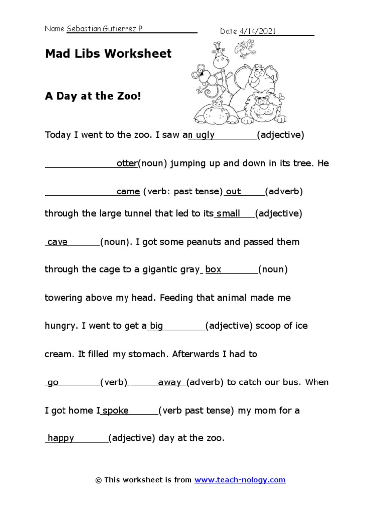 Mad Libs Worksheet: A Day at The Zoo! | PDF | Language Arts & Discipline