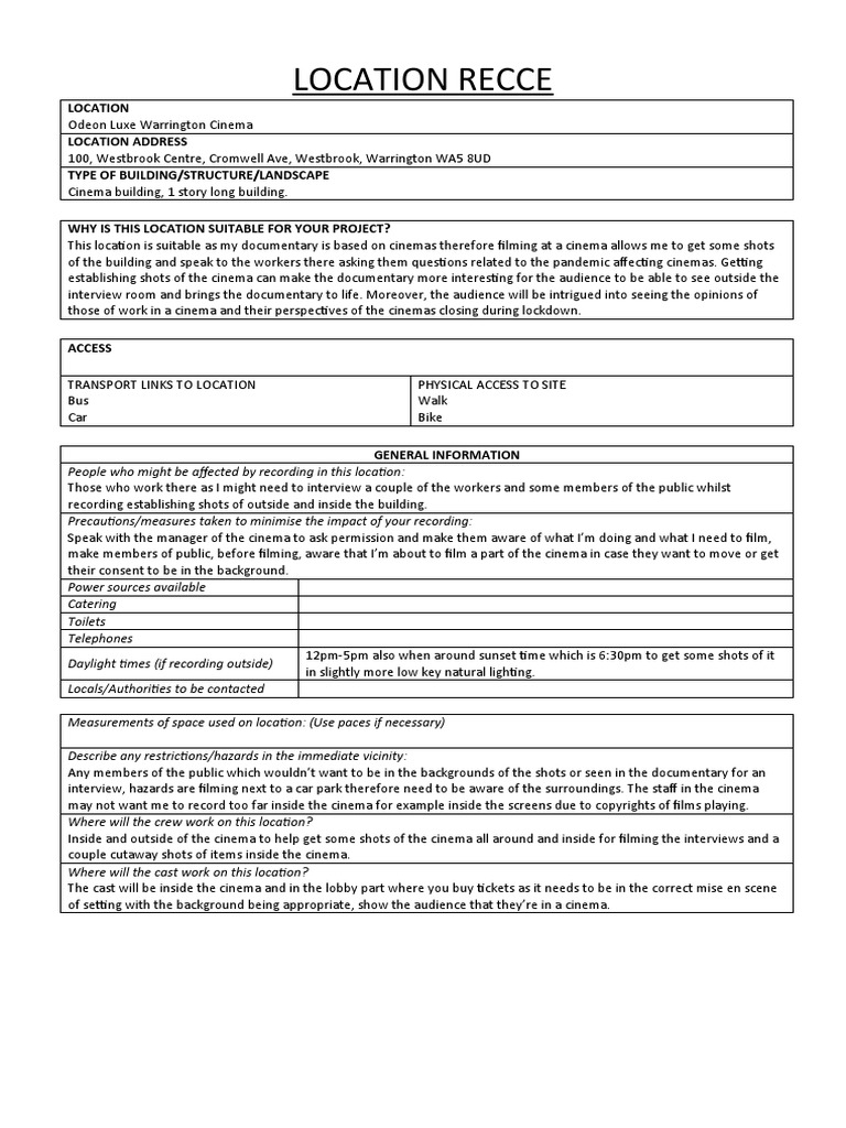 Documentary Location Recce | PDF | Movie Theater | Cinema