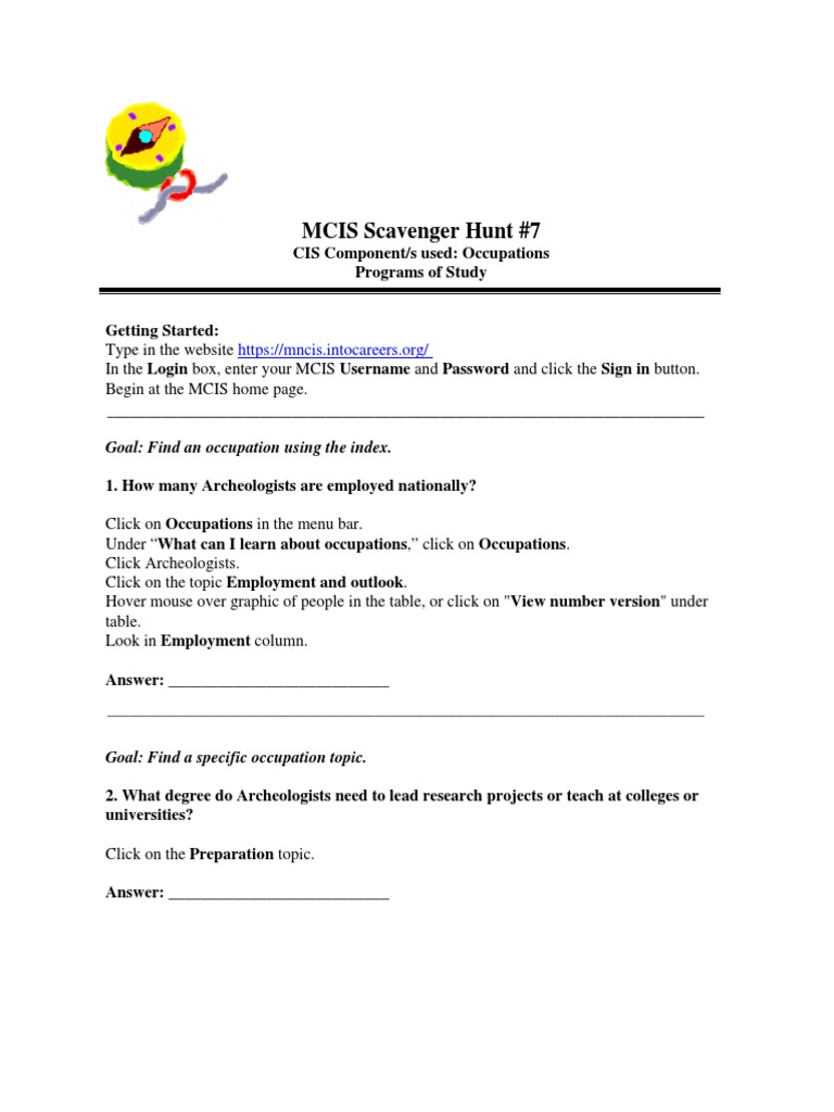 MCIS Scavenger Hunt #7: Goal: Find An Occupation Using The Index | PDF ...