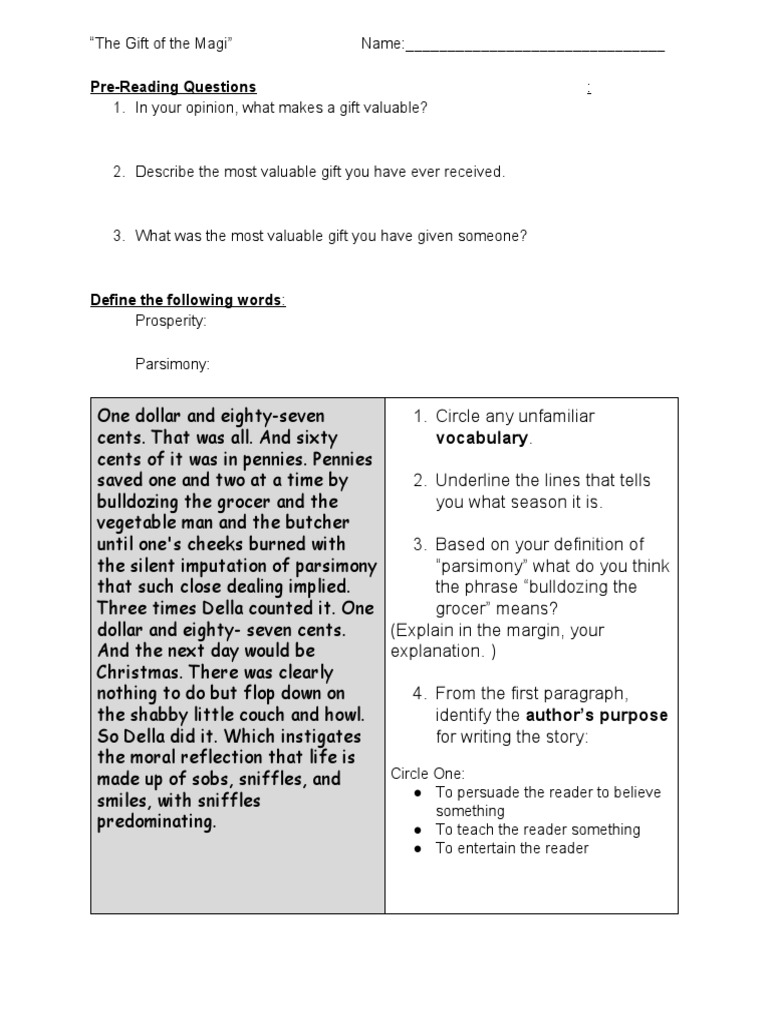 "Gift of the Magi: Pre-Reading Guide" | PDF