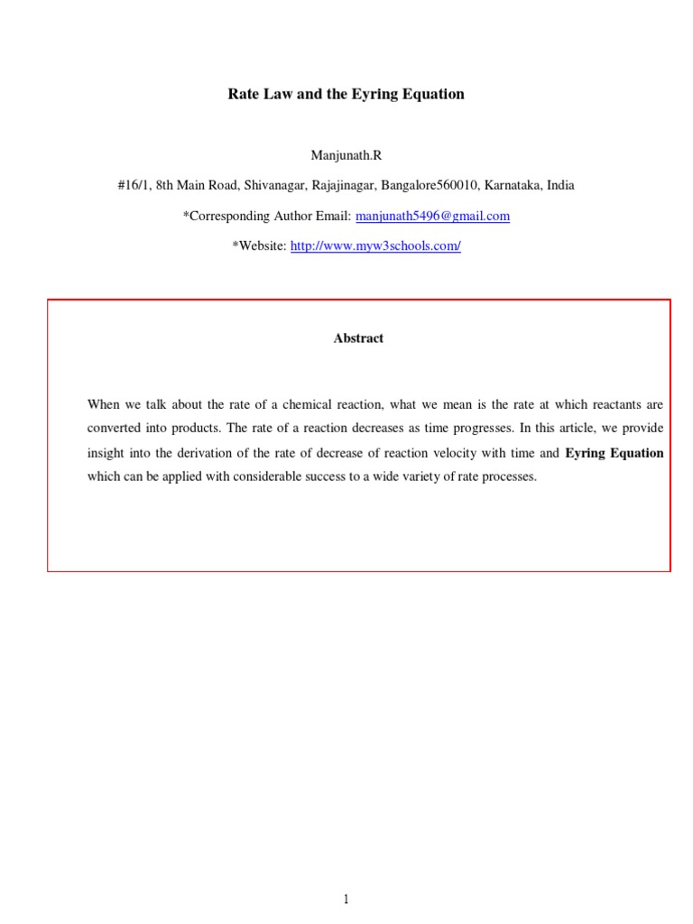 Rate Law and The Eyring Equation | PDF | Reaction Rate | Reaction Rate ...