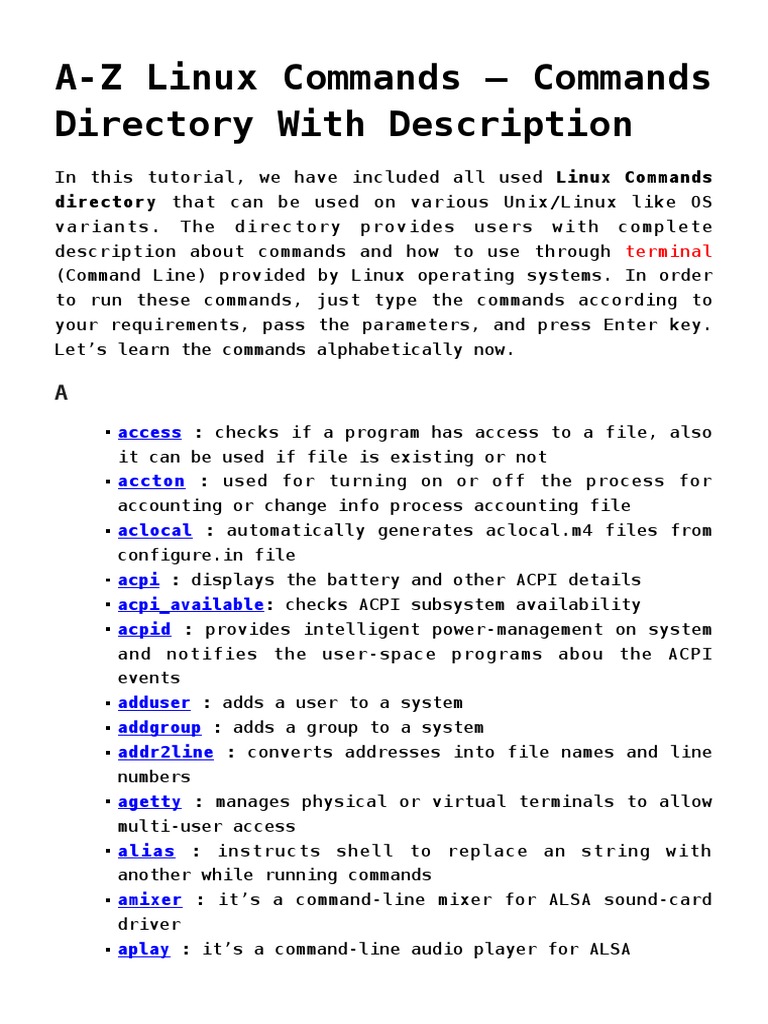 A To Z Linux Commands Directory-Description With Examples | PDF