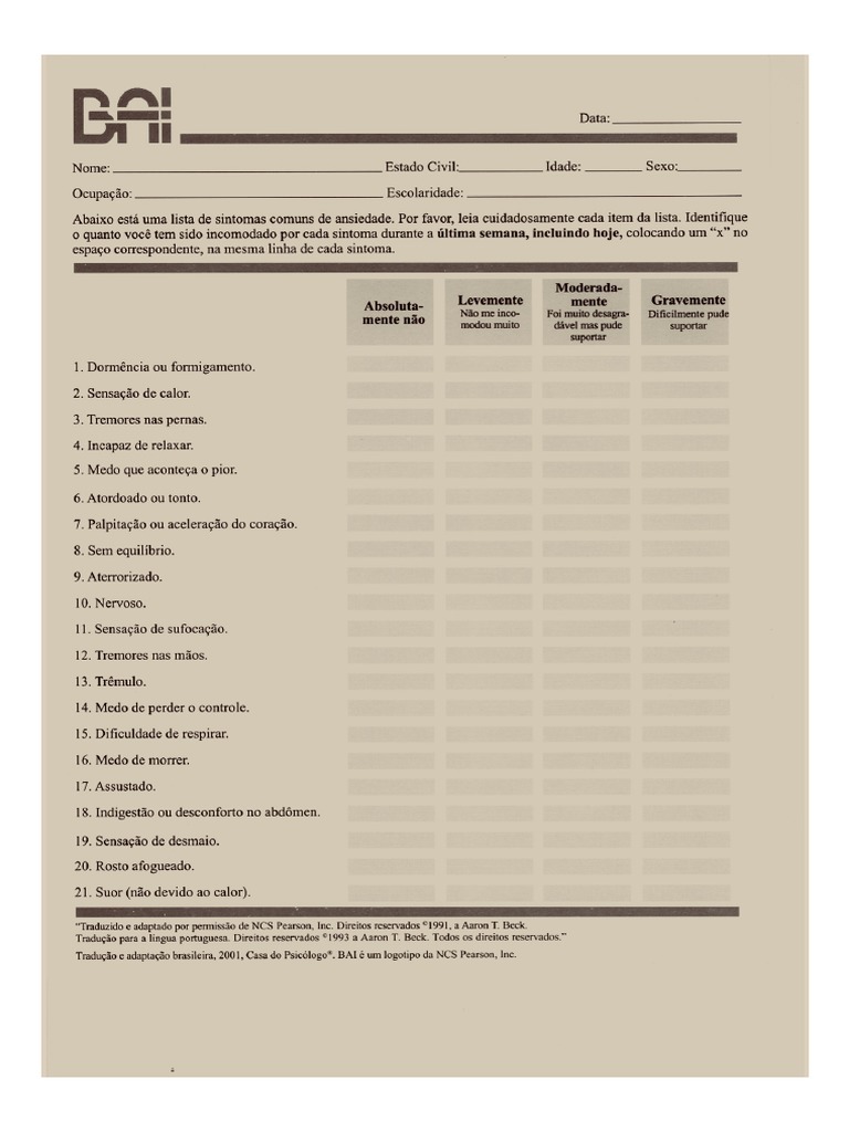 Escalas de Beck - Bdi - Bai - Bhs | PDF