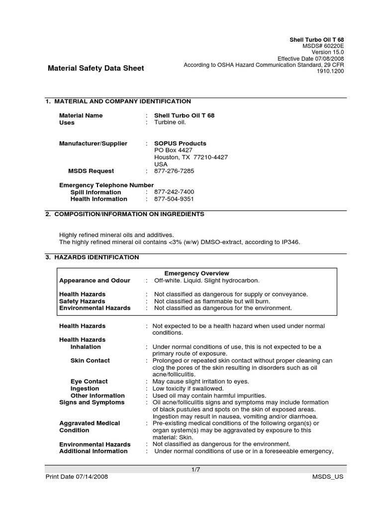 Shell Turbo Oil T 68 MSDS | PDF | Personal Protective Equipment | Toxicity