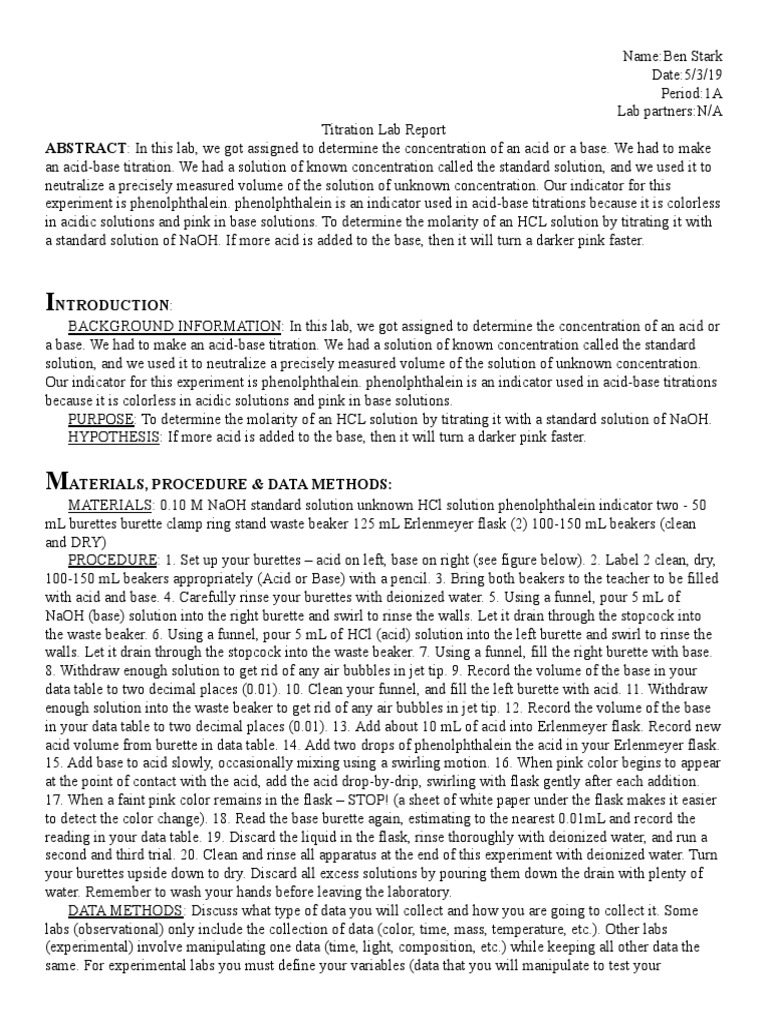 Titration Lab Report | PDF | Titration | Chemistry