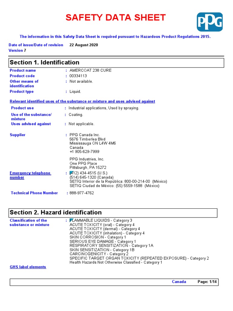 Safety Data Sheet: Section 1. Identification | PDF | Toxicity | Safety