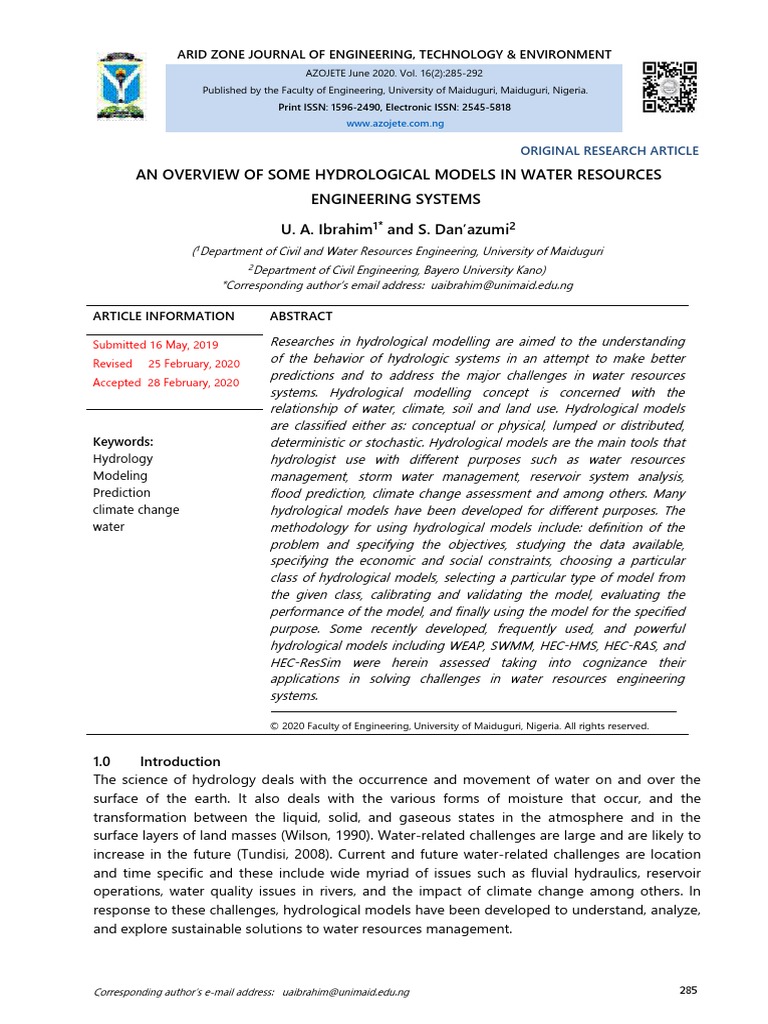 An Overview of Some Hydrological Models in Water Resources Engineering ...