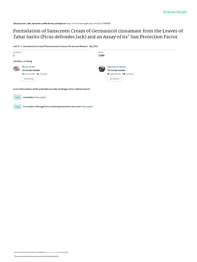 Formulation of Sunscreen Cream of Germanicol Cinnamate From The Leaves ...