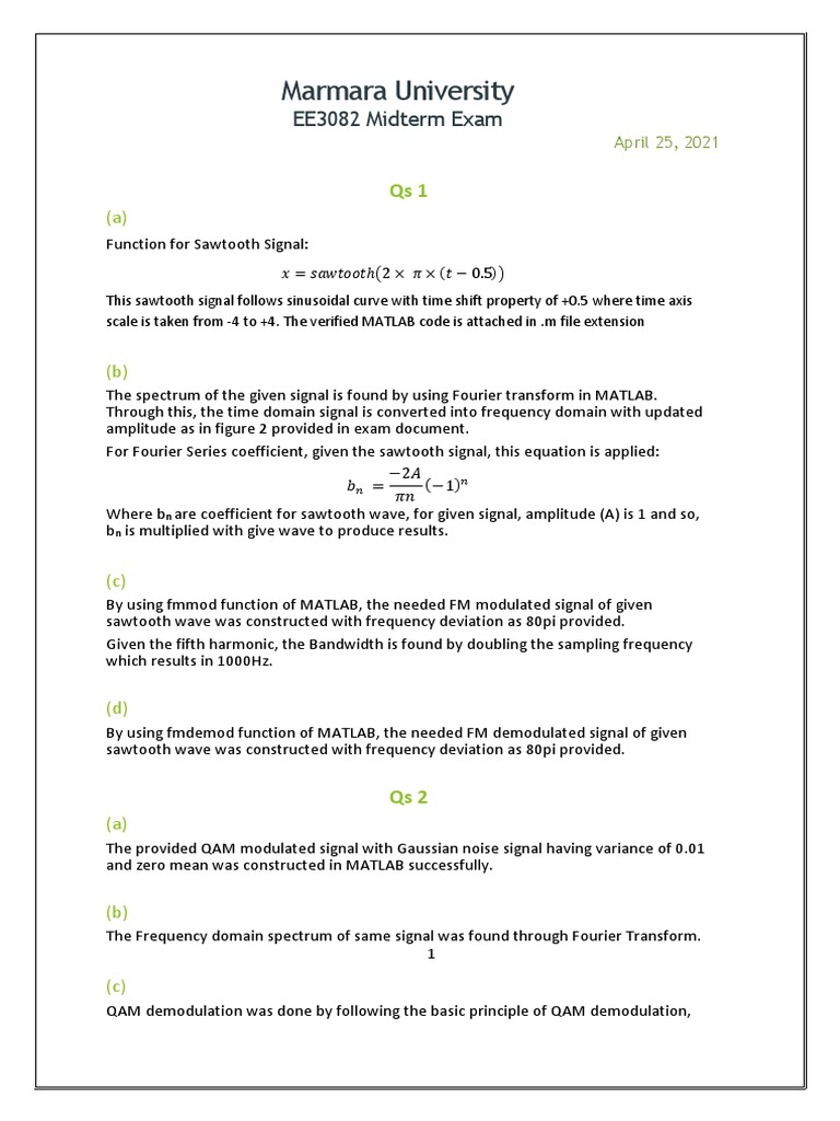 Marmara University: EE3082 Midterm Exam | PDF | Spectral Density | Frequency Modulation