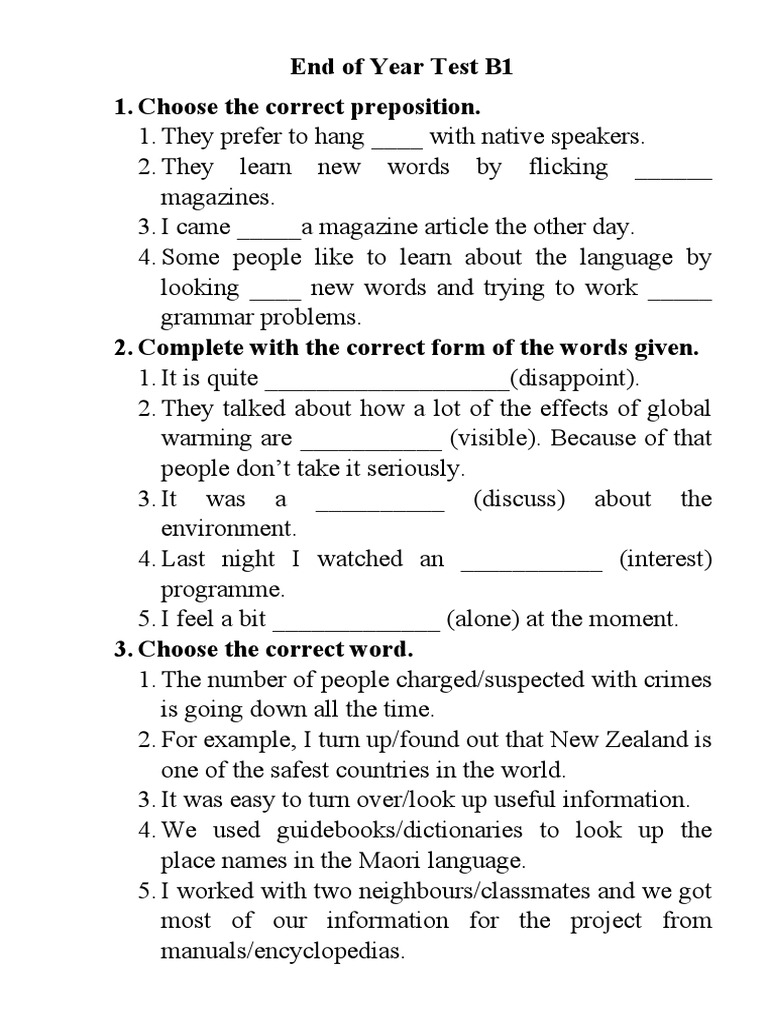End of Year B1 English Test | PDF | Linguistics