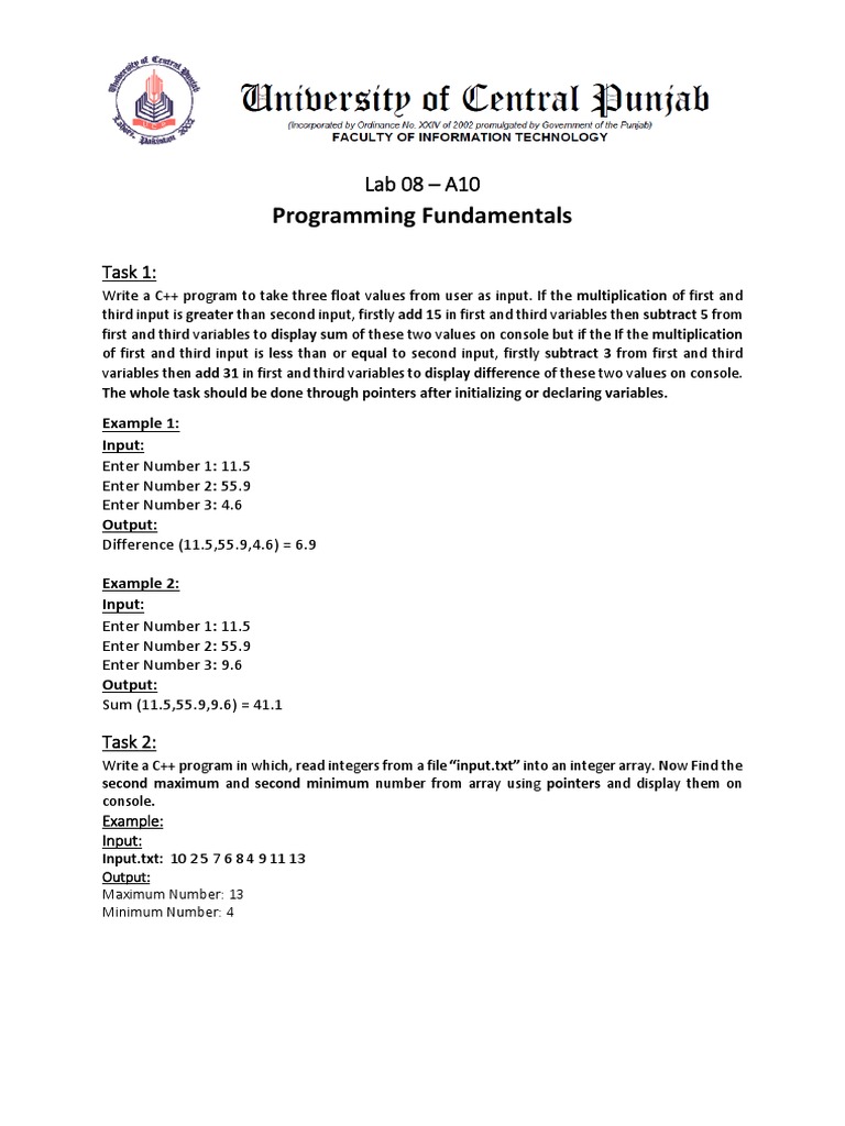 Programming Fundamentals Lab 08 A10 Pdf Array Data Structure Pointer Computer Programming 