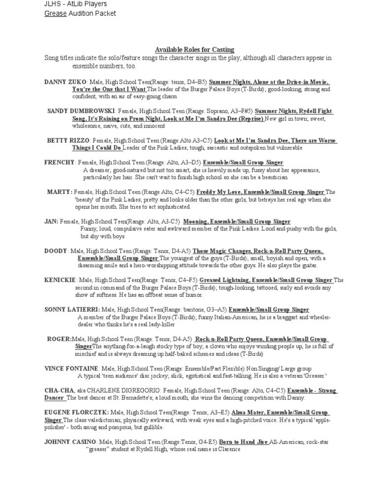 Grease Auditions | PDF | Vocal Music | Performing Arts